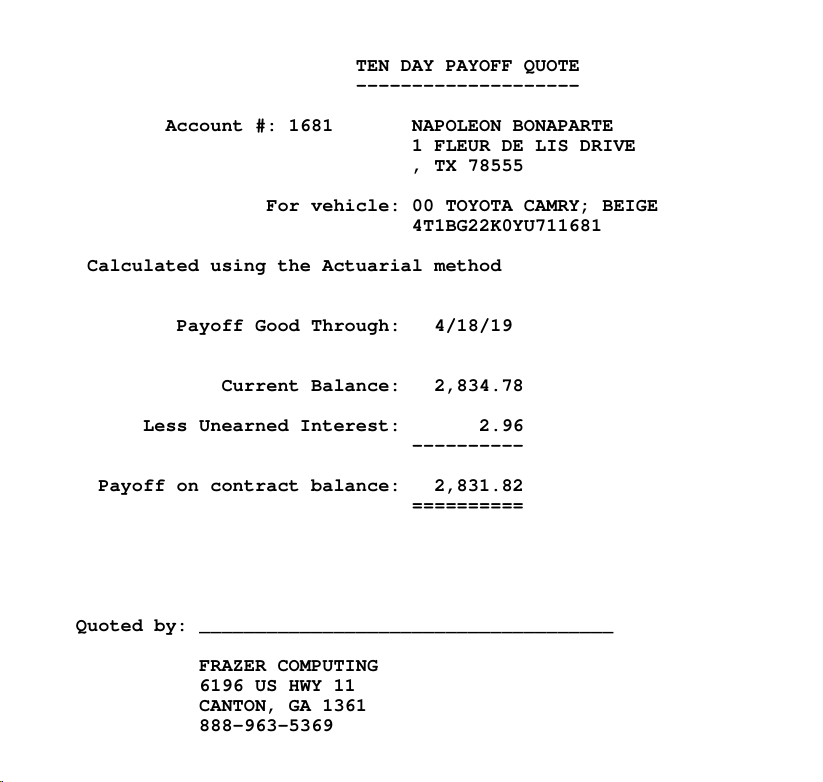 Customers C 1 Customer Activity Early Payoff Amount Customers C 1 Customer Activity Early Payoff Amount